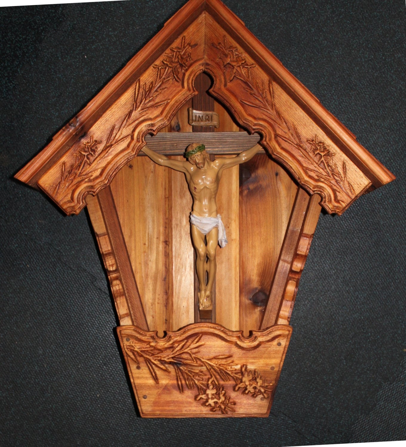 Large Alpine Wayside Shrine: Carved Cedar German Roadside Crucifix Not ...