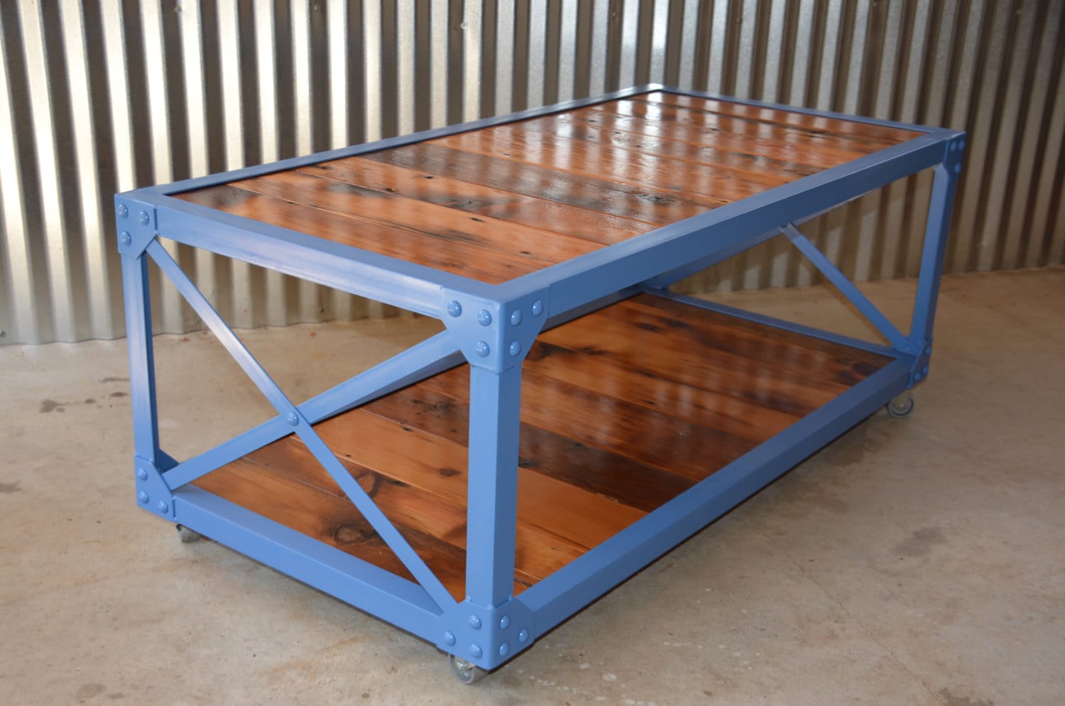 Industrial style riveted steel and reclaimed wood coffee table | Etsy