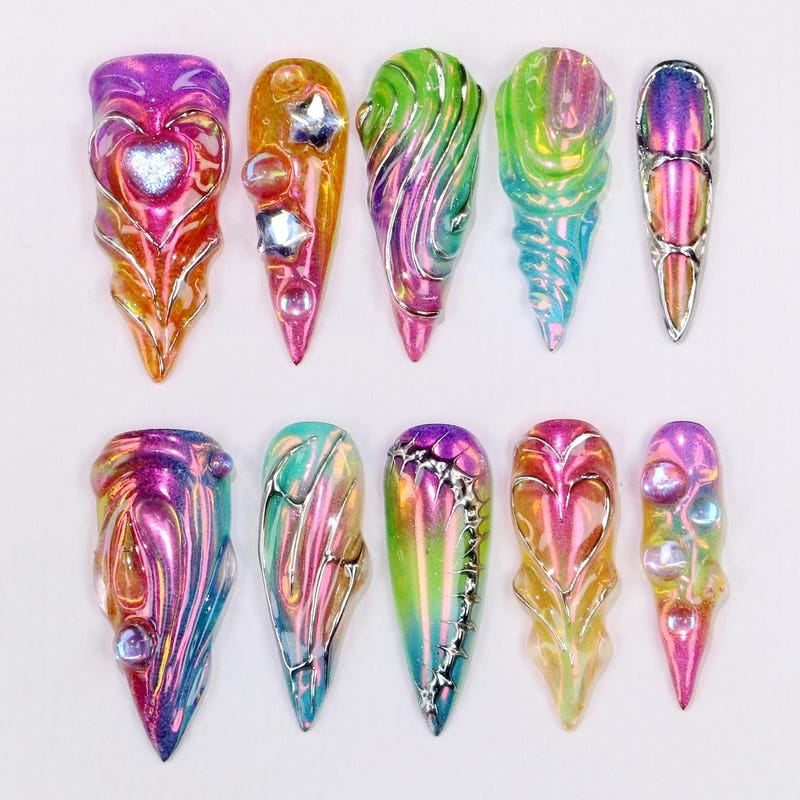 Rainbow Nails Long - Etsy