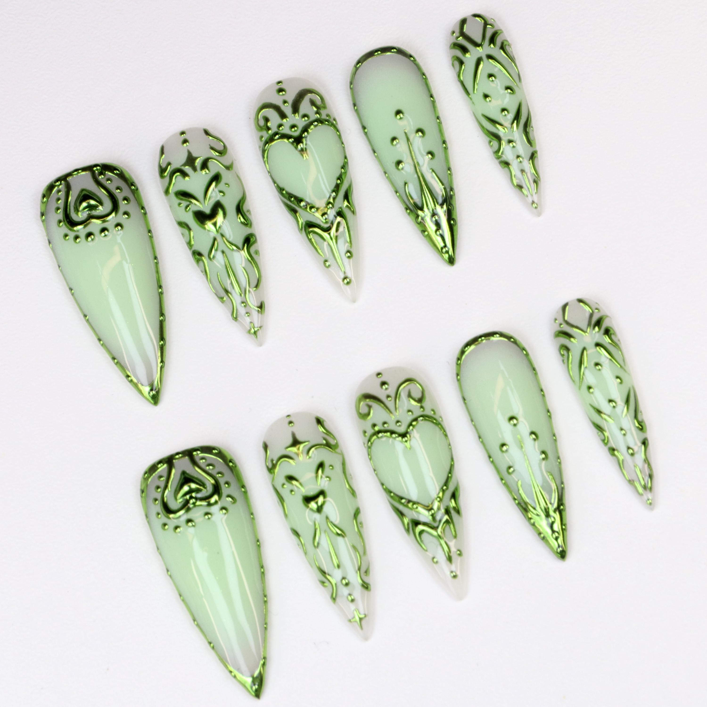 Green Gold Embossed Press on Nails, Vintage Heart Floral Design ...