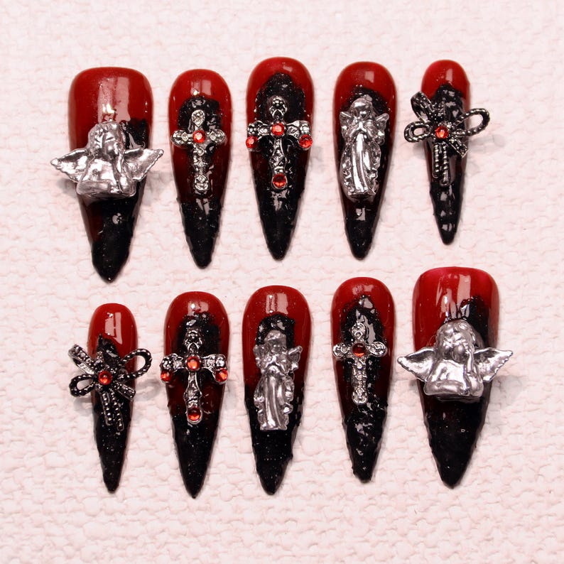 Luxury Black & Red Press on Nails | Vintage Gothic-inspired Long Nail ...
