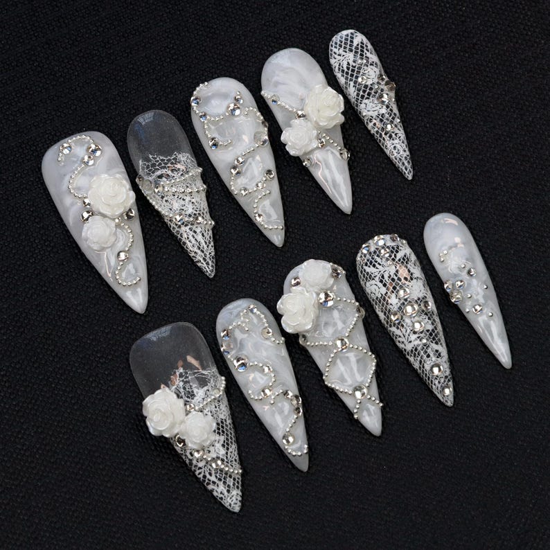 Elegant White Lace Press on Nails: Victorian Stiletto Bridal Nails - Etsy