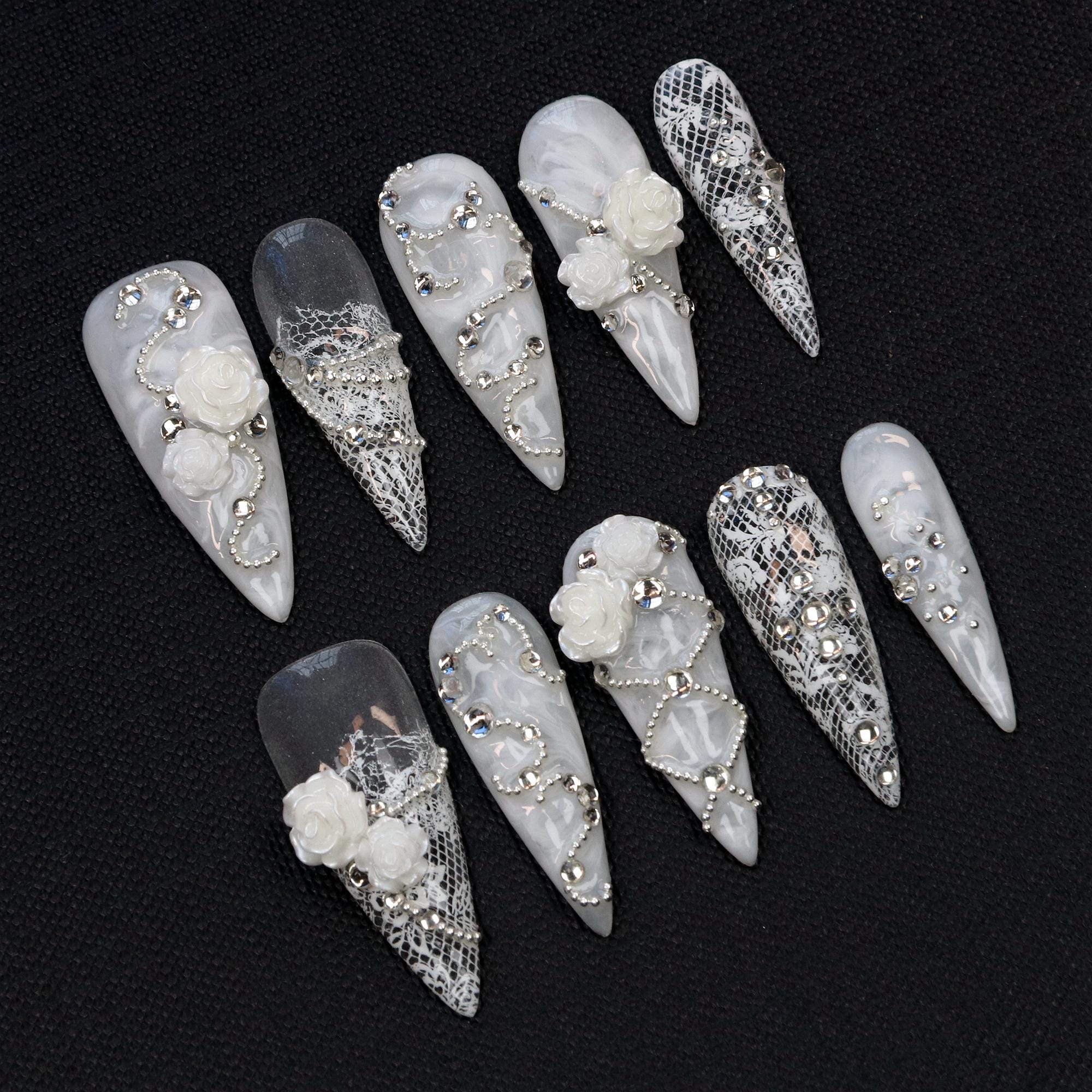 Elegant White Lace Press on Nails: Victorian Stiletto Bridal Nails - Etsy