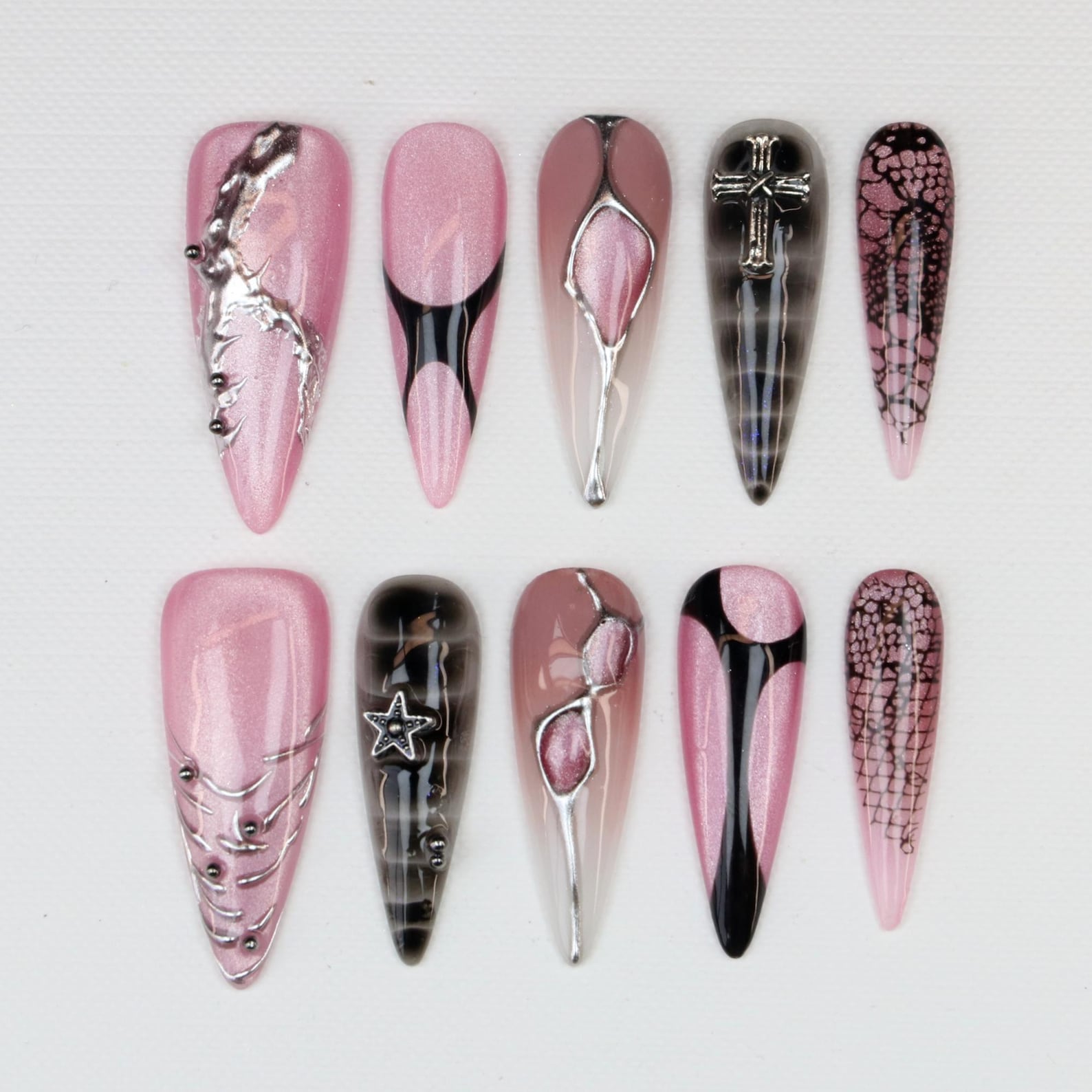 Custom Y2K Grunge Cute Press on Nails,sweet Barbie Goth Pink Black ...