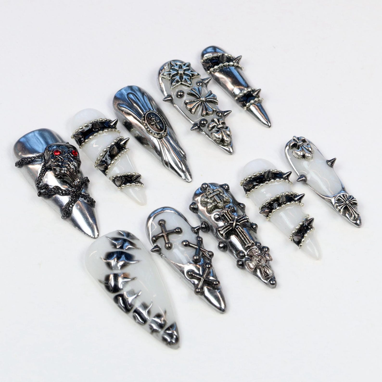 Punk Cross Spiked Press on Nails: Gothic Edgy Silver Metallic Pierced ...
