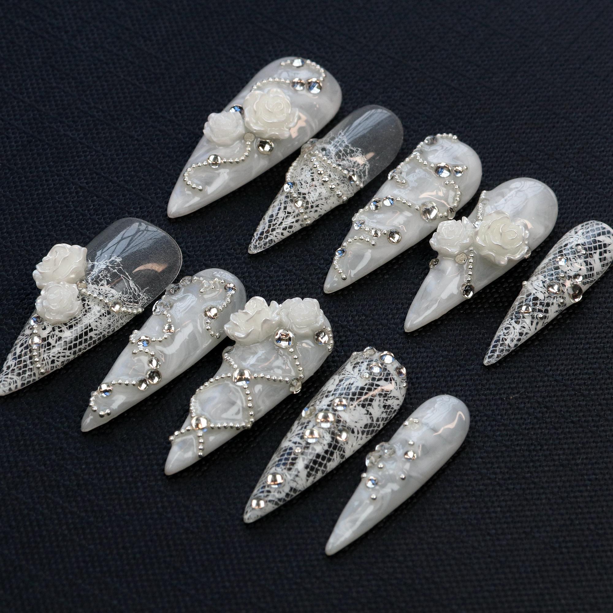 Elegant White Lace Press on Nails: Victorian Stiletto Bridal Nails - Etsy