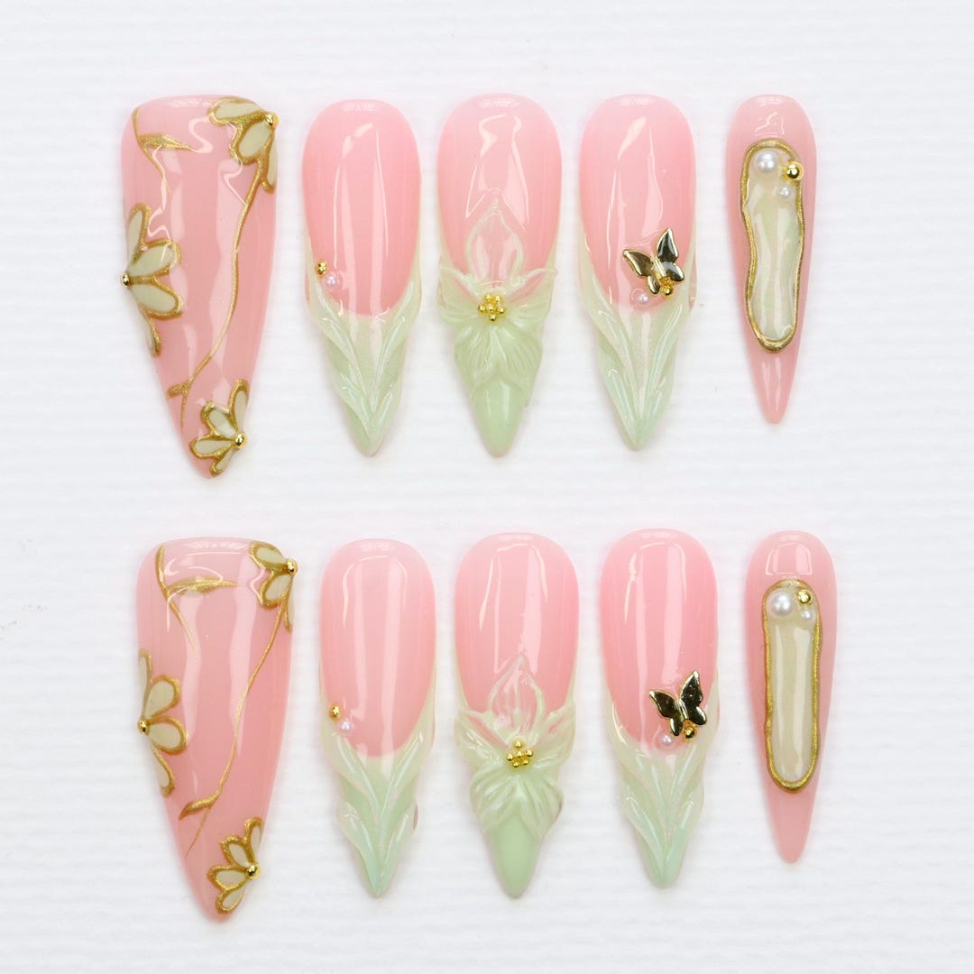 Elegant Stained Glass Flower Long Stiletto Press on Nails,custom Design ...