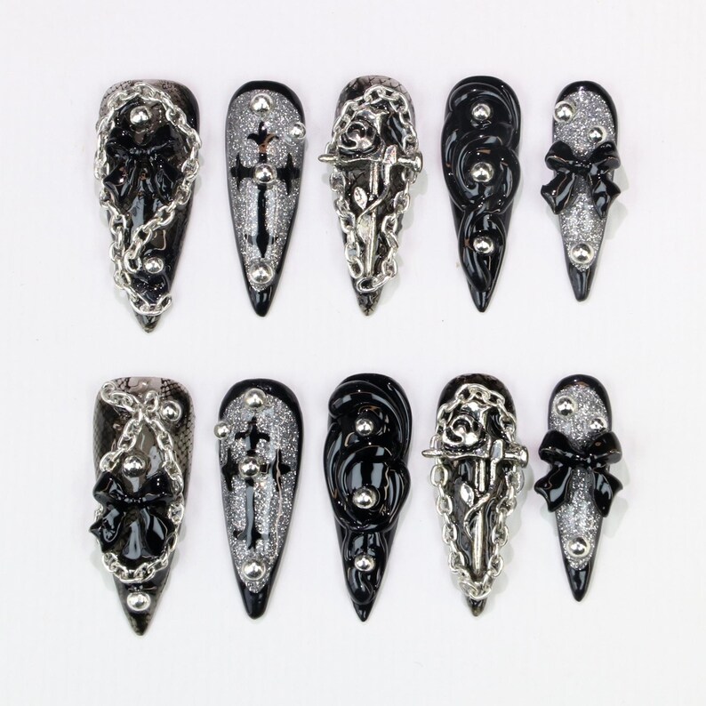 Gothic Punk Press on Nails, Black Silver Chain Rivet Nail Art, Cross ...