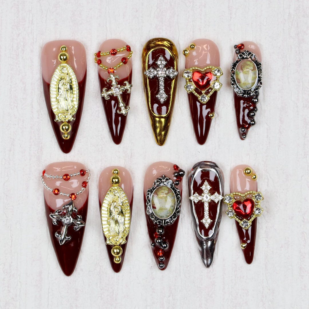 Cross With Angel Luxury Press on Nails Custom Handpainted Virgin Mary ...