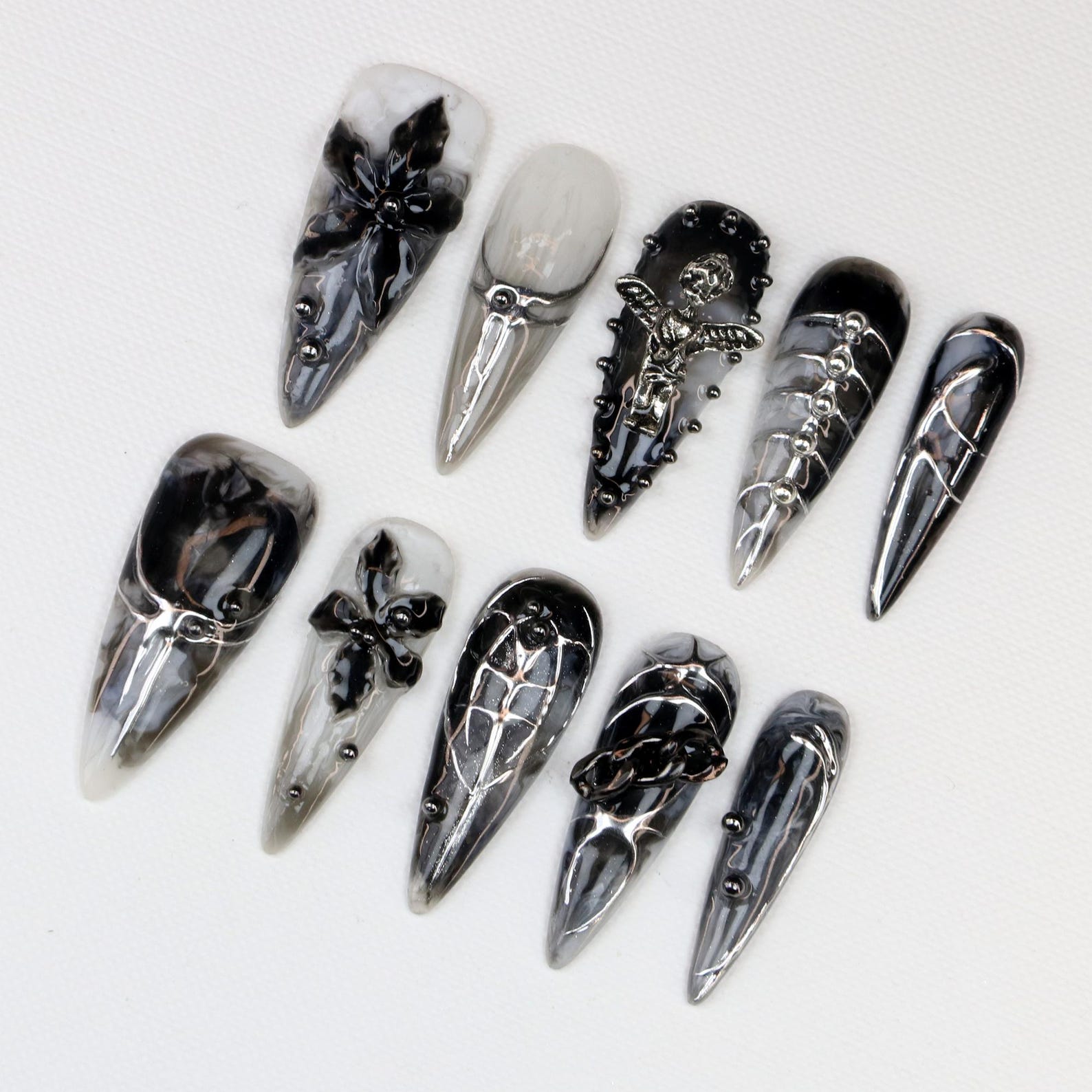 Gothic Dark 3d Angel Long Stiletto Press on Nails/watercolor Handmade ...