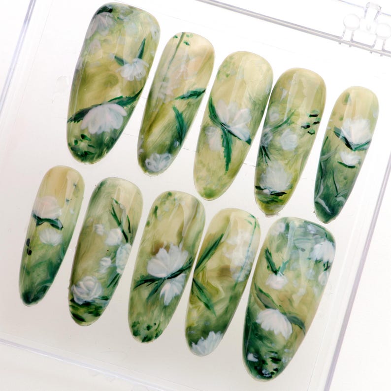 Monet Inspired Press on Nails Flower Nails,custom Hand Painted Floral ...