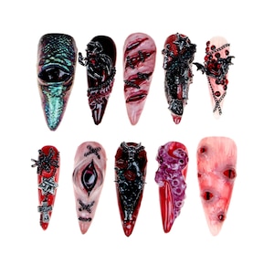 Unique 3D Horror Eyeball Long Stiletto Press on Nails Creepy Demon Eyes ...
