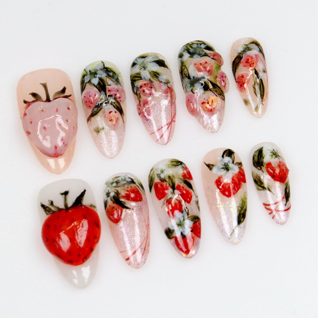 Monet Inspired 3D Strawberries Press on Nails,custom Hand Painted ...