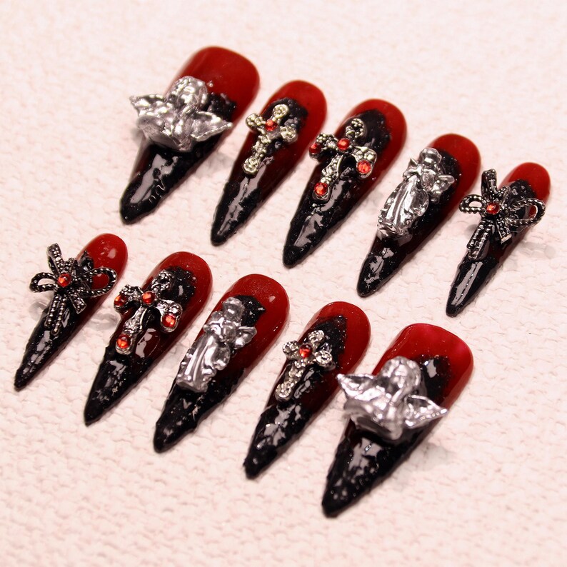 Luxury Black & Red Press on Nails | Vintage Gothic-inspired Long Nail ...