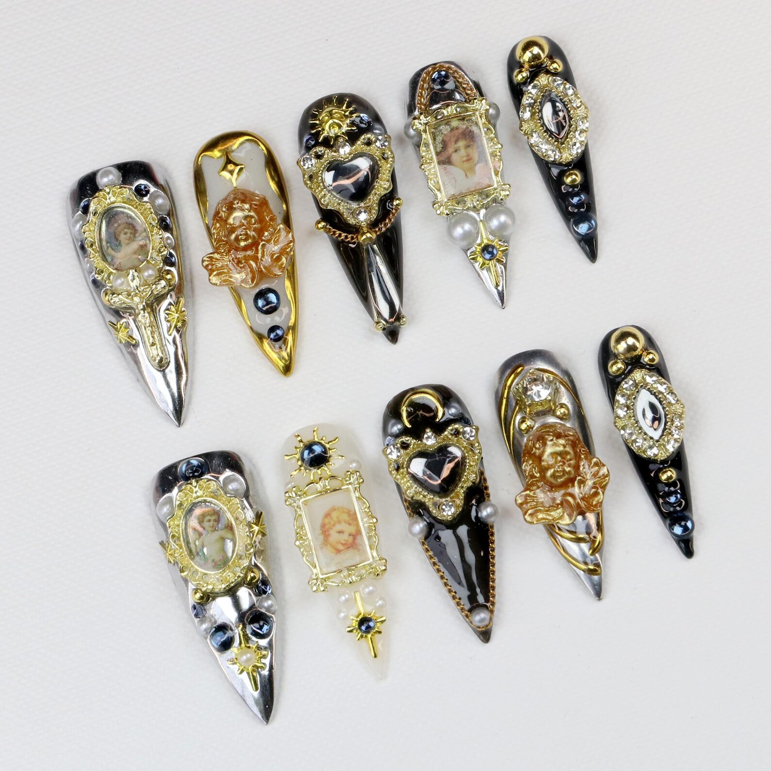 Regal Vintage Angel Stiletto Press on Nails/3d Chrome Gold,black ...