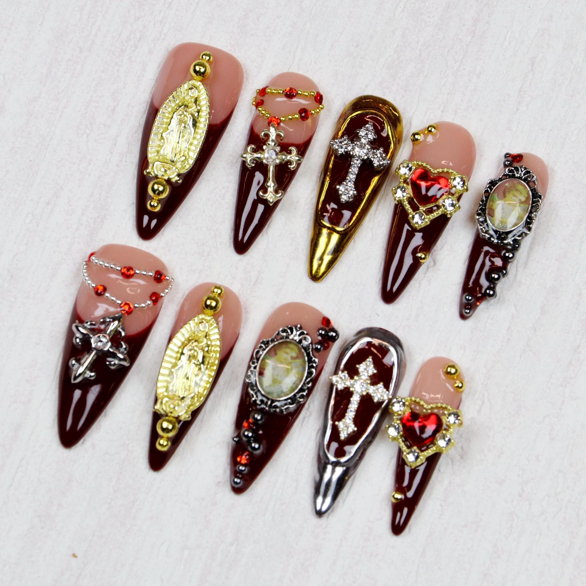 Cross With Angel Luxury Press on Nails Custom Handpainted Virgin Mary ...