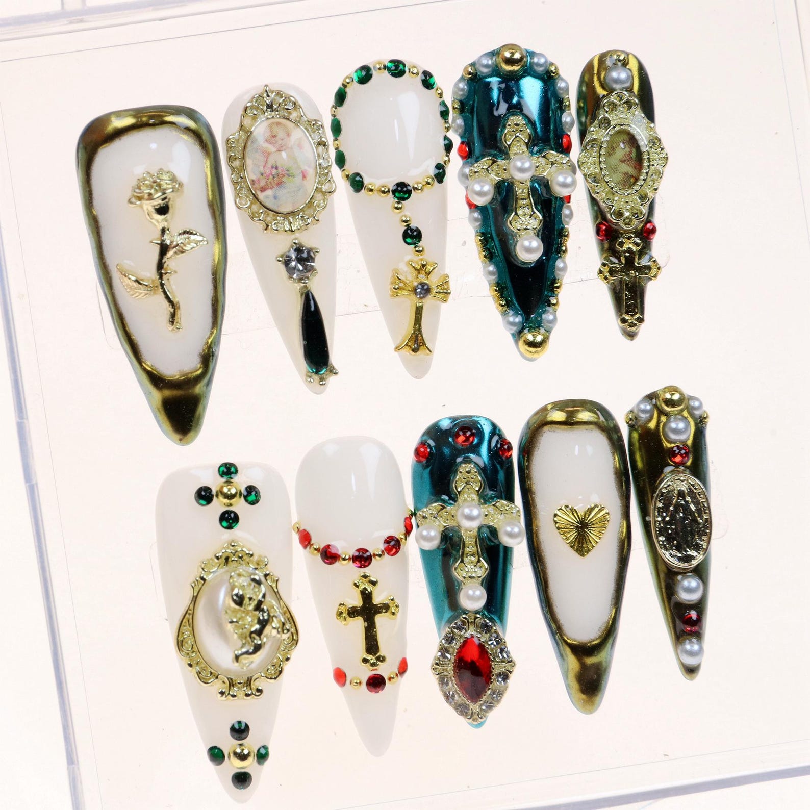 Cross With Angel Luxury Press on Nails Custom Handpainted Chrome Aurora ...