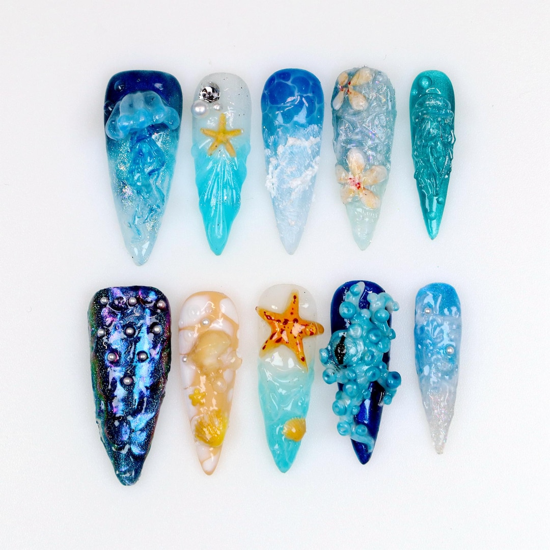 3D Tropical Beach Press on Nails,custom Ocean-inspired Designs With ...