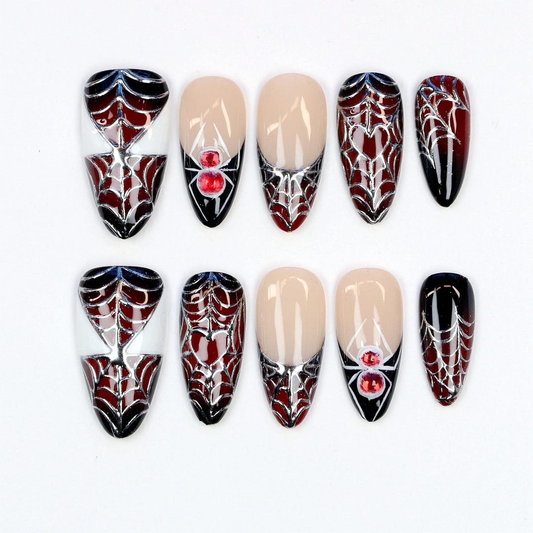 3D Red Spider Web Press on Nails: Spooky Halloween Christmas, New Year ...