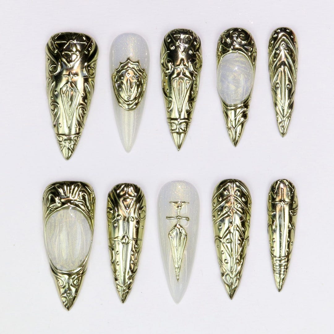 Custom Gothic Armor Style 3D Gold Vintage Metal Embossed Long Stiletto ...
