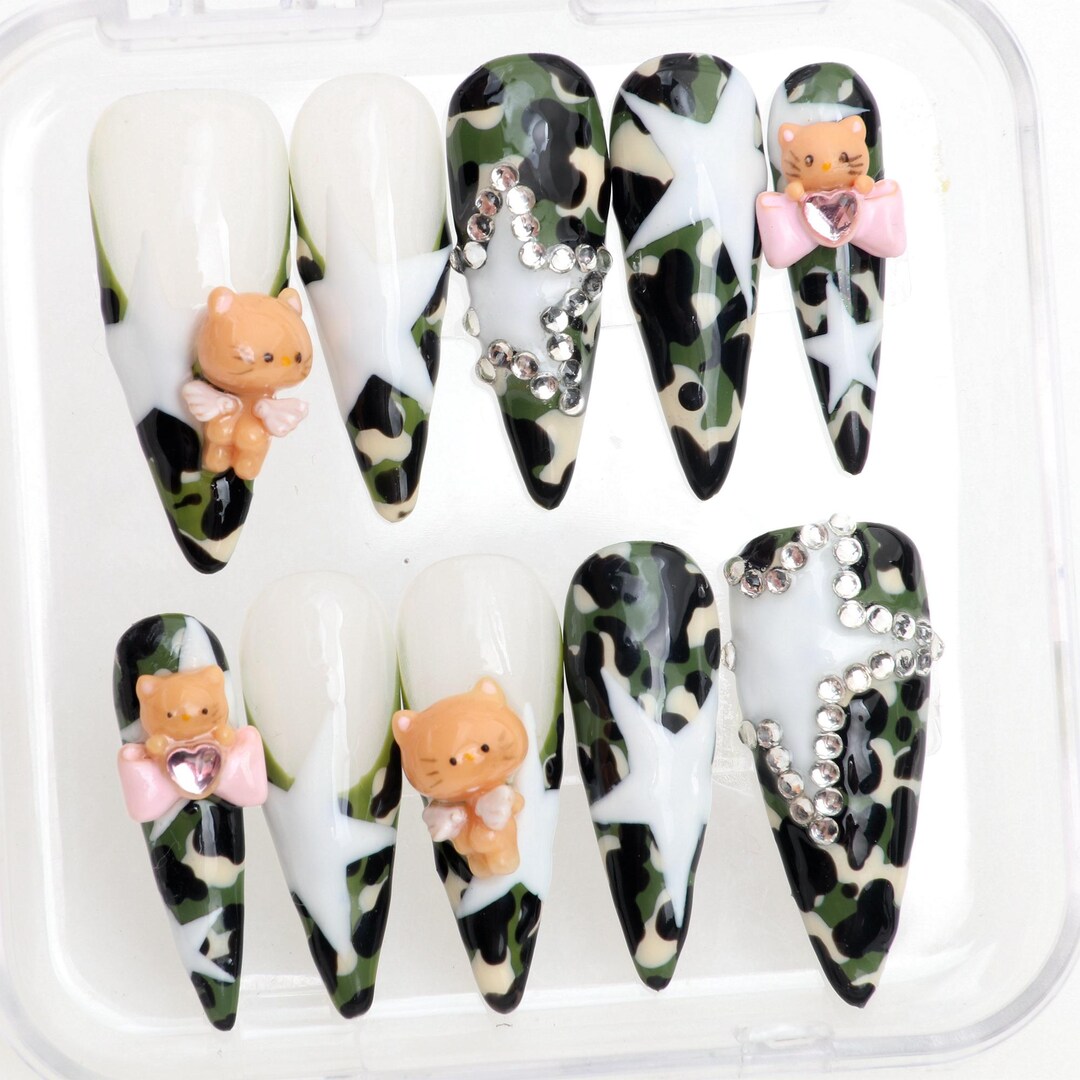 Camouflage Press on Nails,custom 3D Nails,handpainted Camo Five-pointed ...