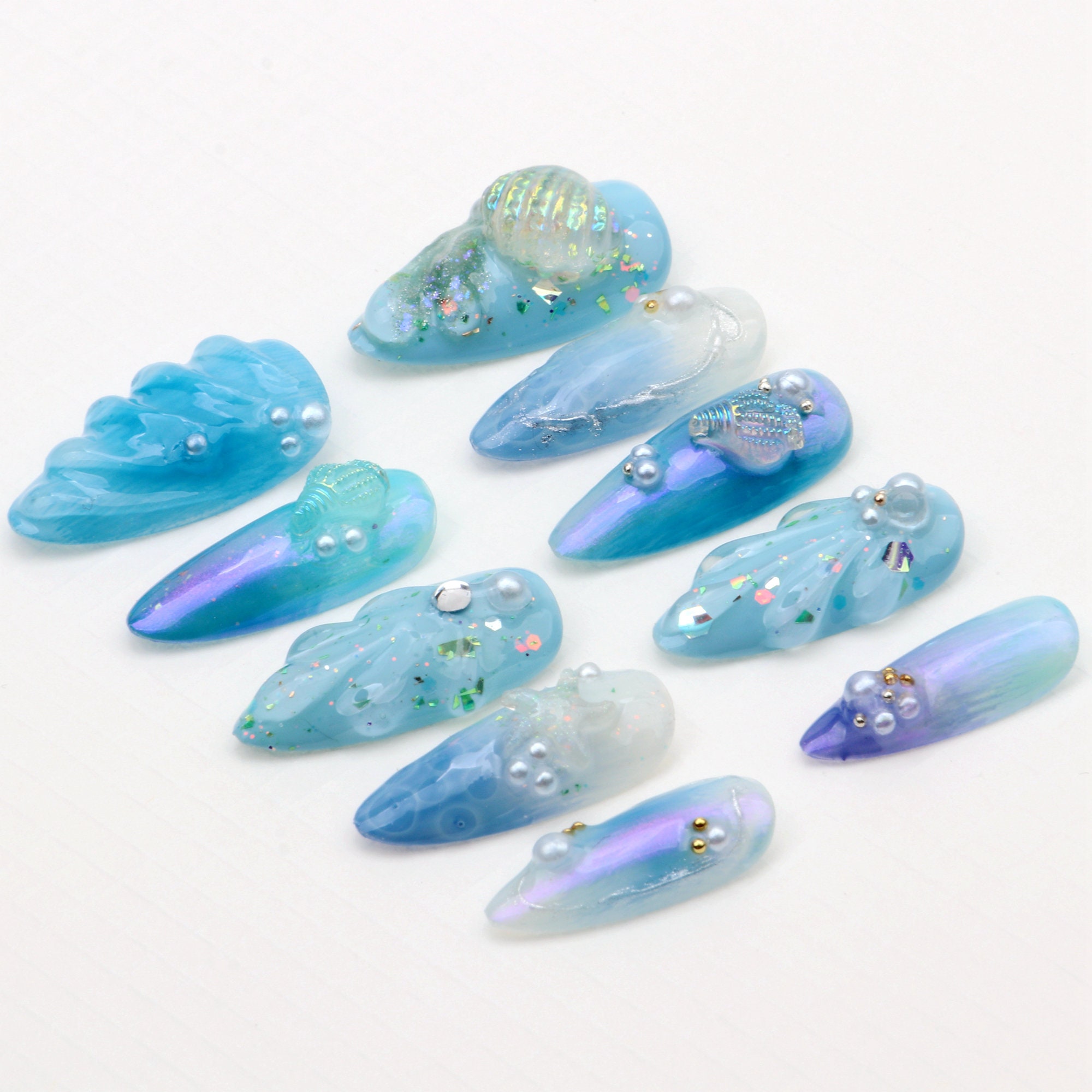 3D Sea Shell Wave Almond Press on Nails,custom Freestyle Nail Set,false ...