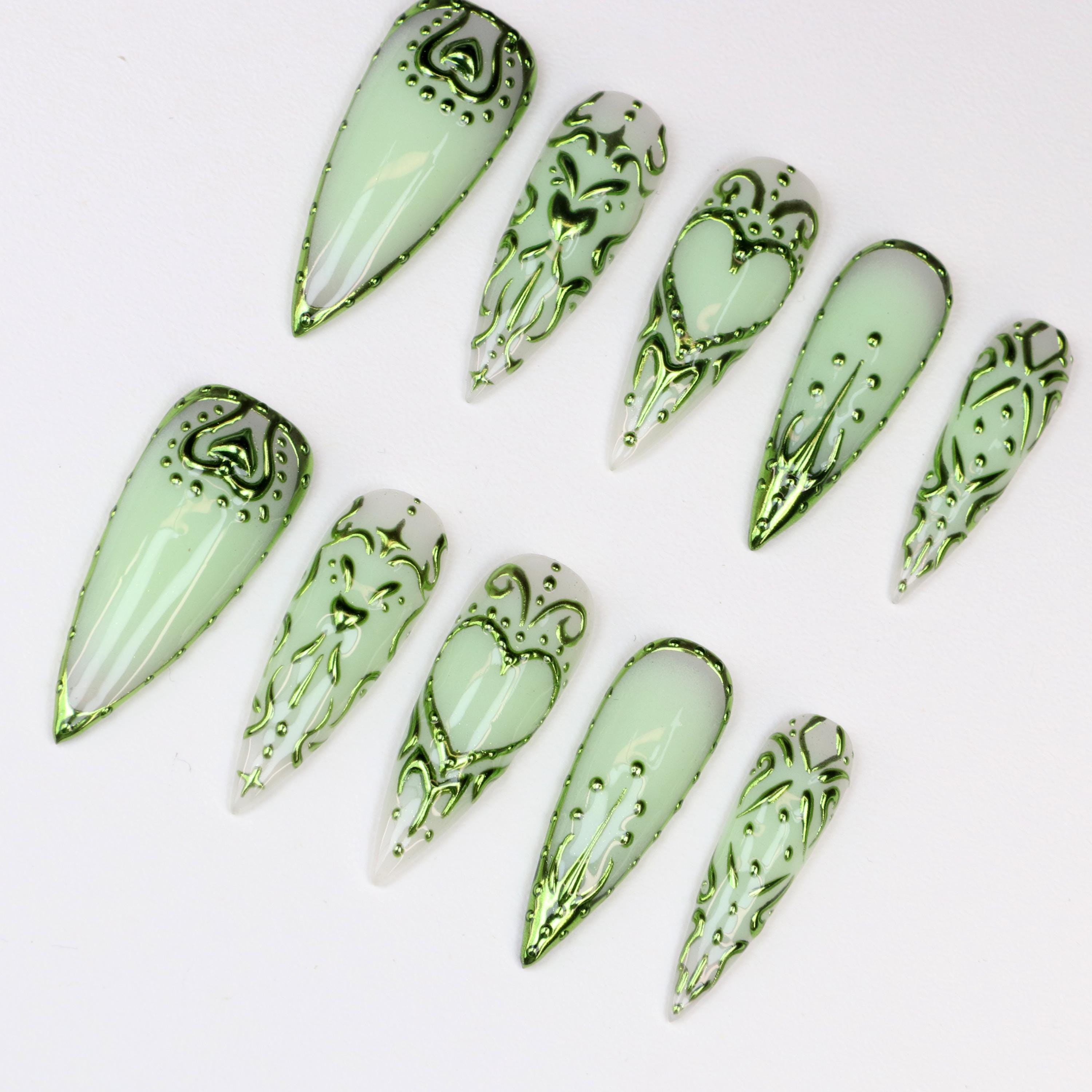 Green Gold Embossed Press on Nails, Vintage Heart Floral Design ...