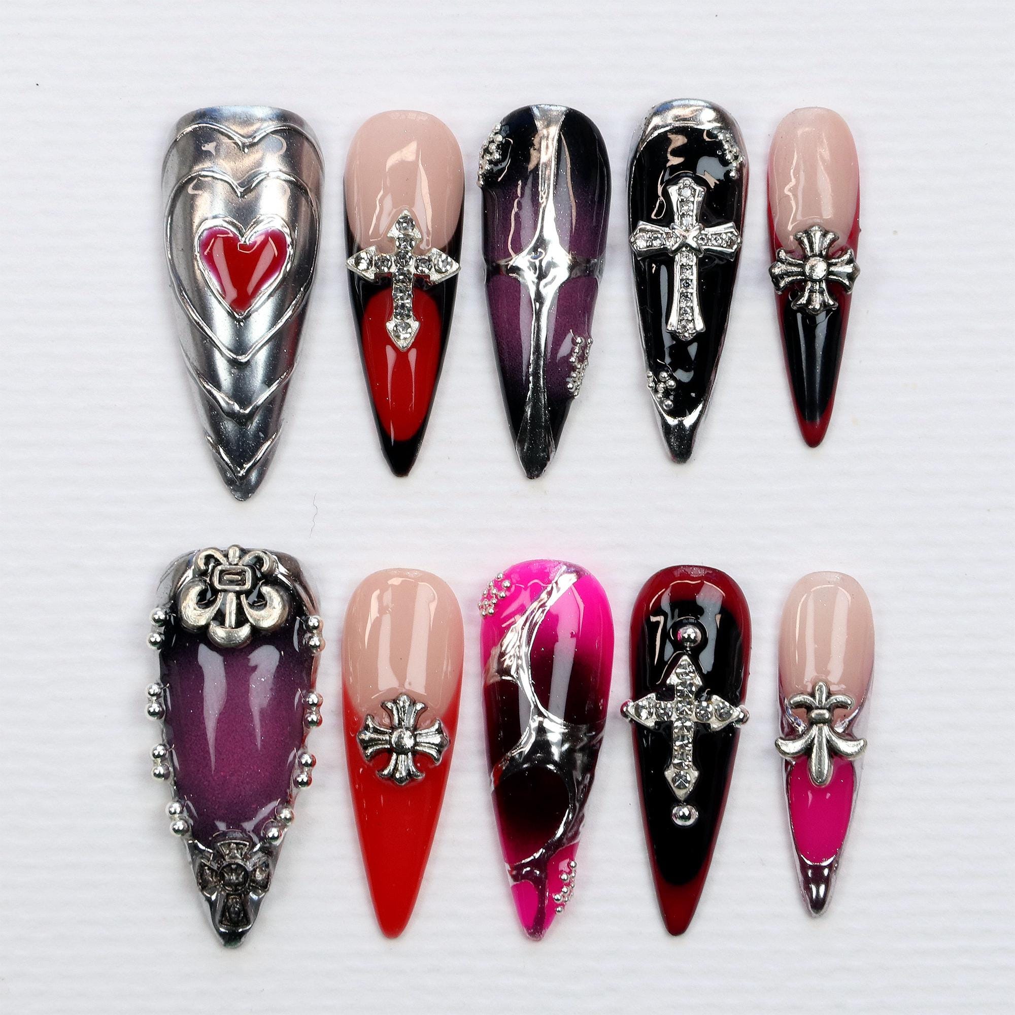 Handmade Silver Goth Stiletto Press on Nails: Chrome Aura, Emo Y2K - Etsy