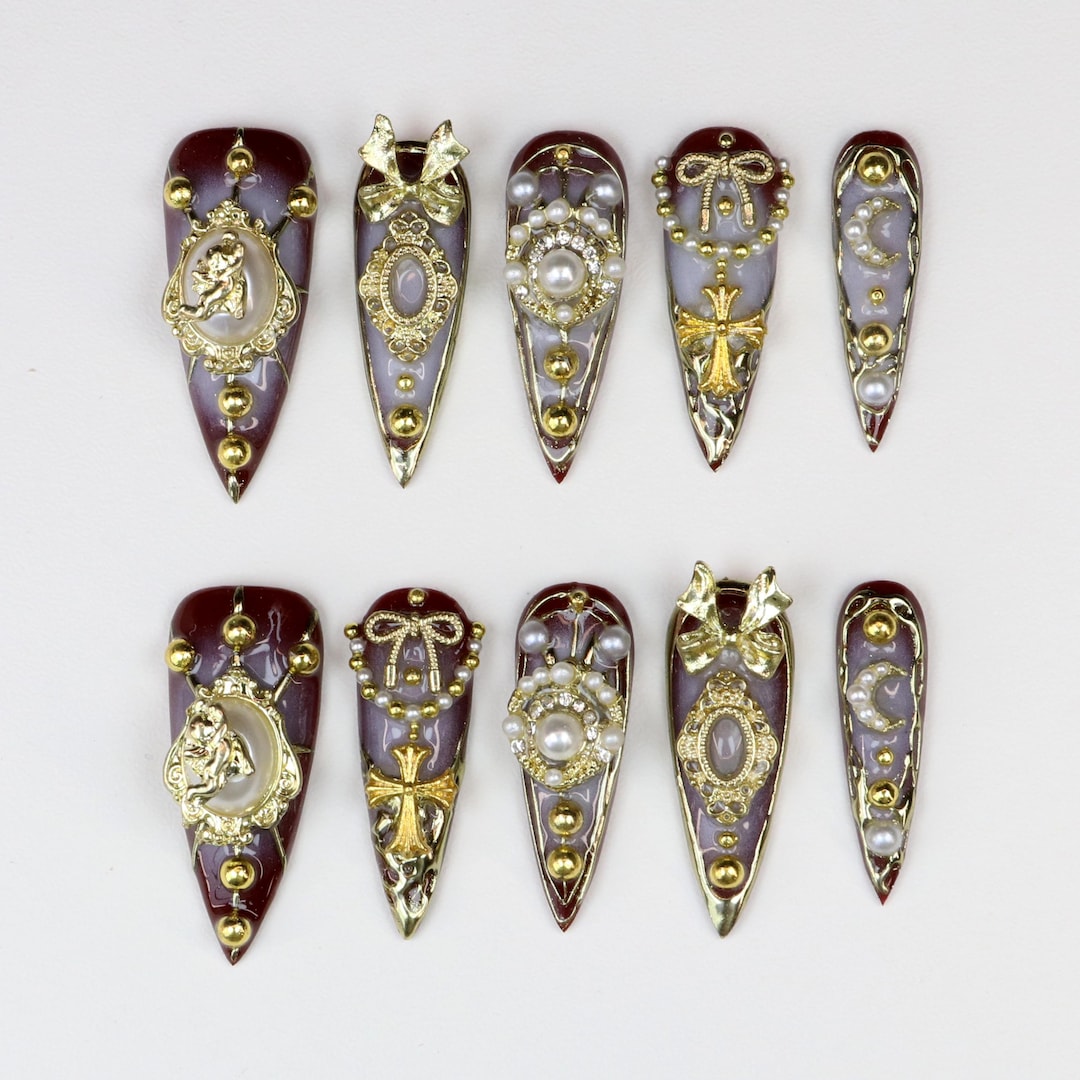 Custom Gothic Baroque Long Stiletto Press on Nails,3d Gold Embossed ...