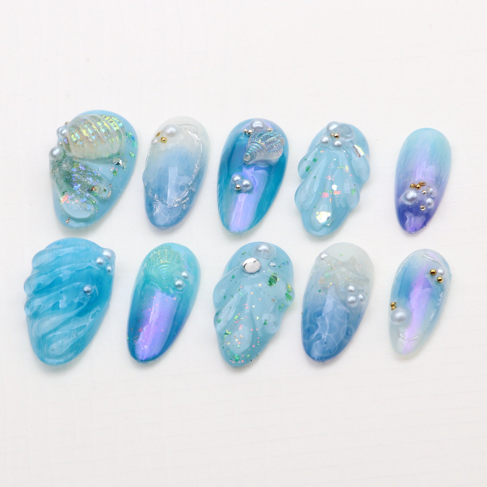 3D Sea Shell Wave Almond Press on Nails,custom Freestyle Nail Set,false ...