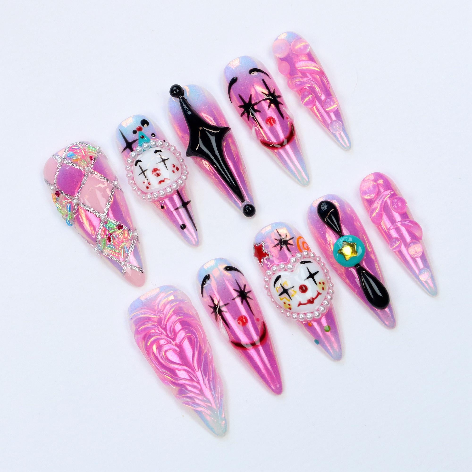 Carnival Pierrot Clown Press on Nails,custom 3D Harlequin Mask Acrylic ...