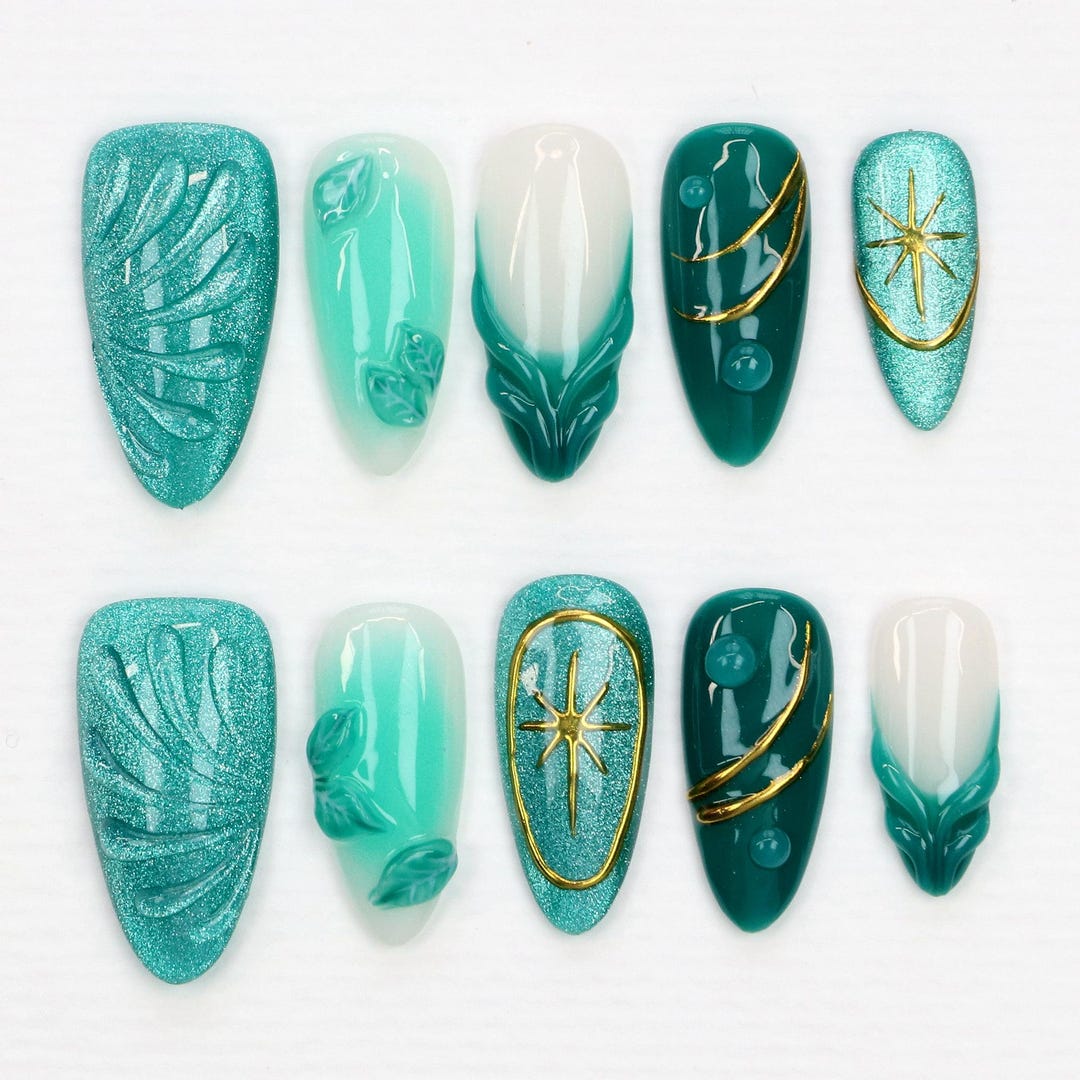 Water Ripple Shimmering Green Press on Nails,acrylic Nails,custom Nails ...