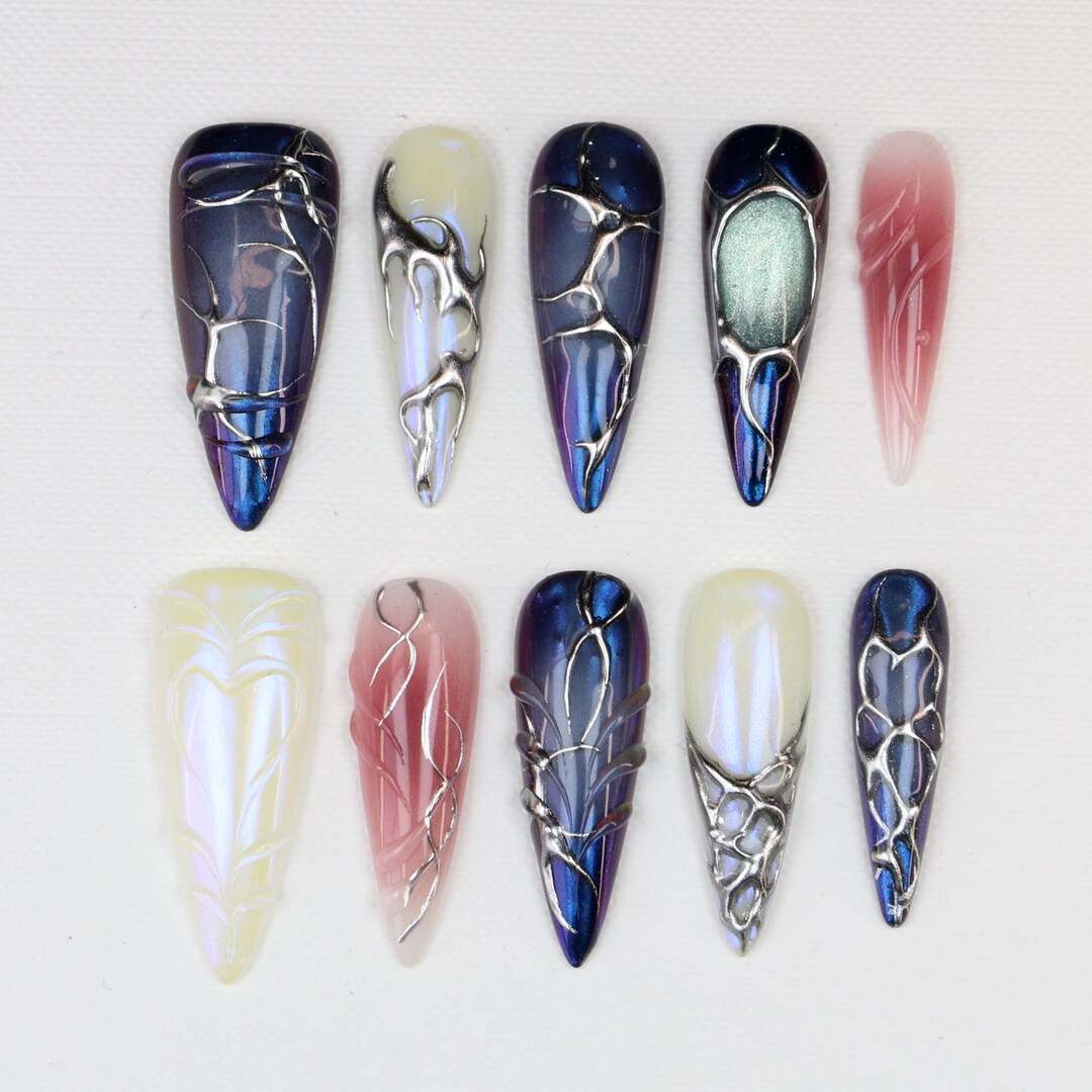Custom Gothic Iridescent Stiletto Press on Nails Metal Line Aurora Blue ...