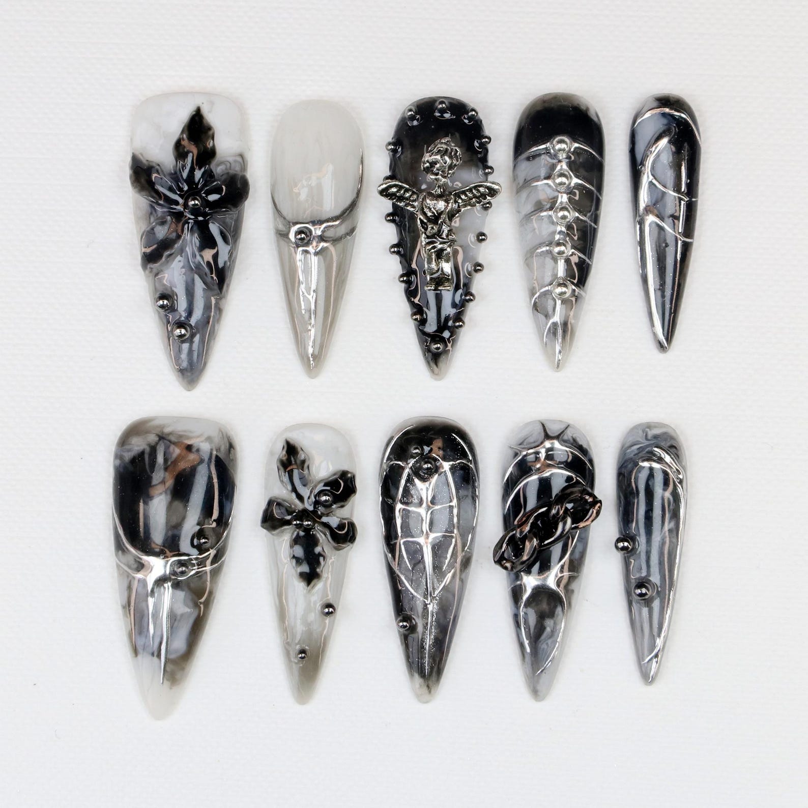 Gothic Dark 3d Angel Long Stiletto Press on Nails/watercolor Handmade ...