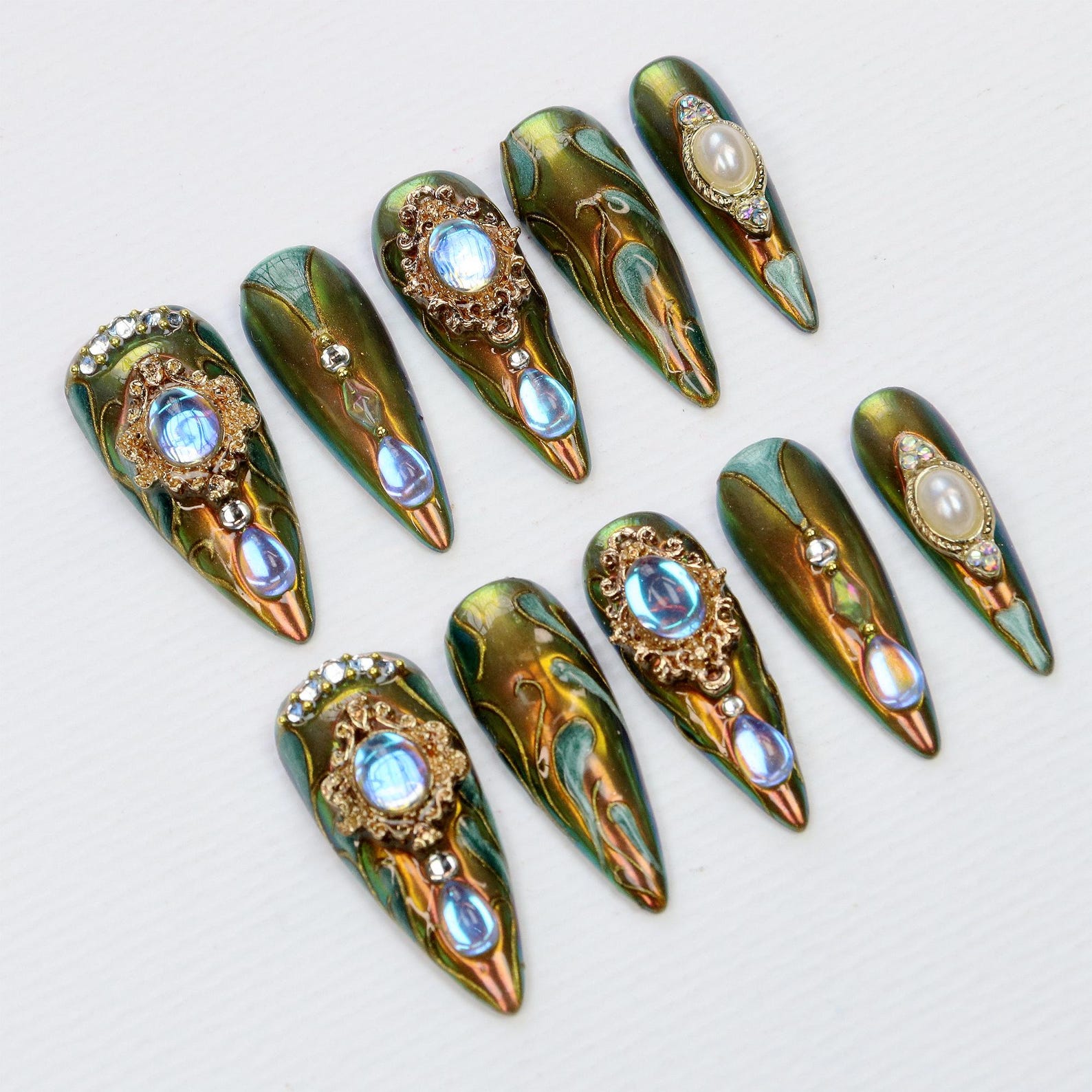 Luxury Regalia Long Stiletto Press on Nails Custom 3D Gel Nails Royal ...