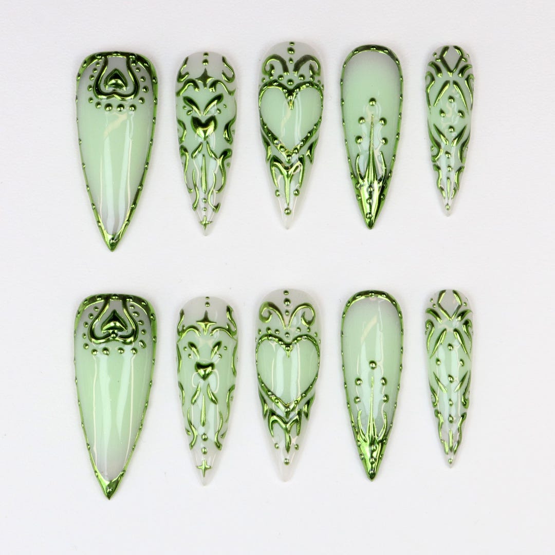 Green Gold Embossed Press on Nails, Vintage Heart Floral Design ...