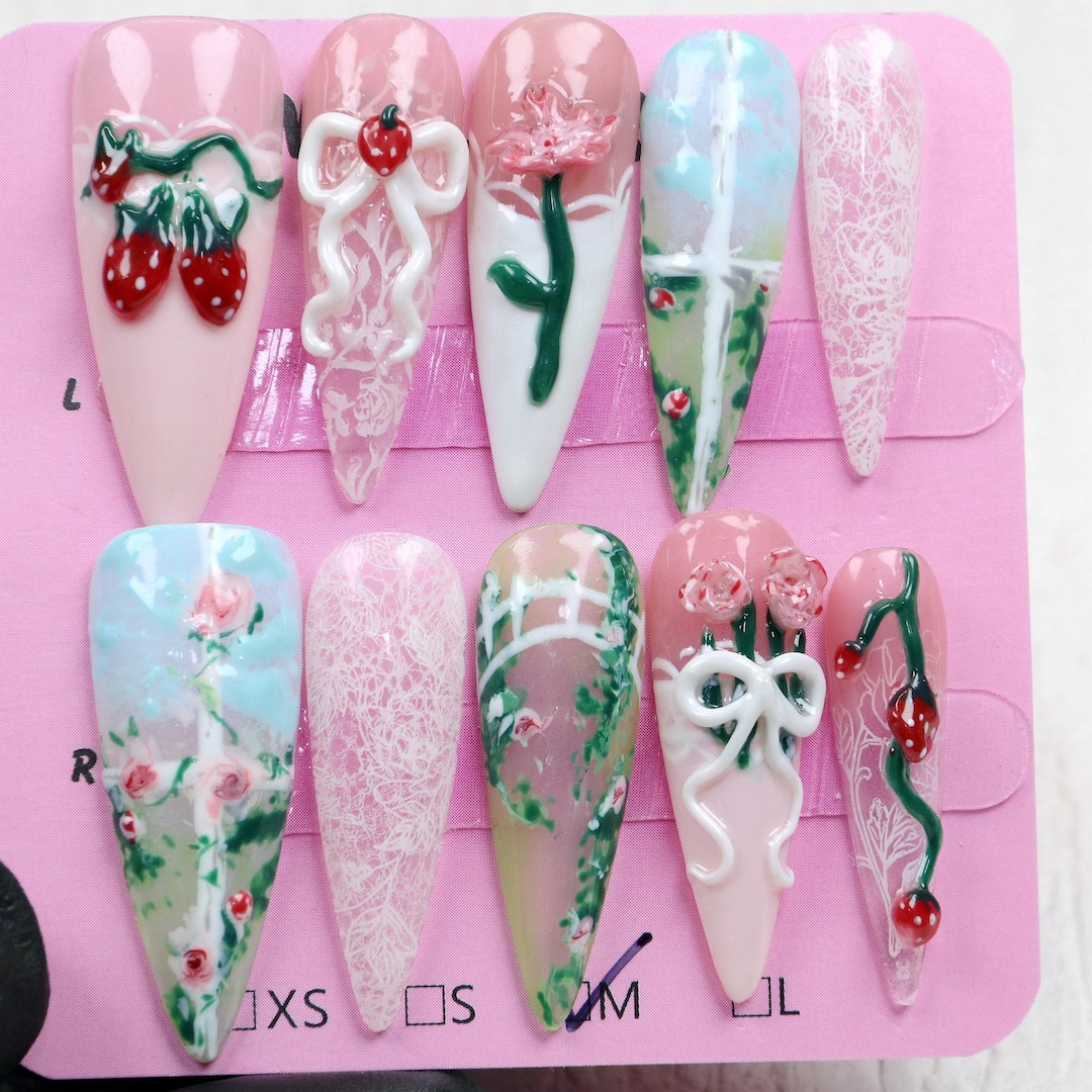 Monet Inspired 3D Flower Press on Nails,custom Hand Painted Floral ...