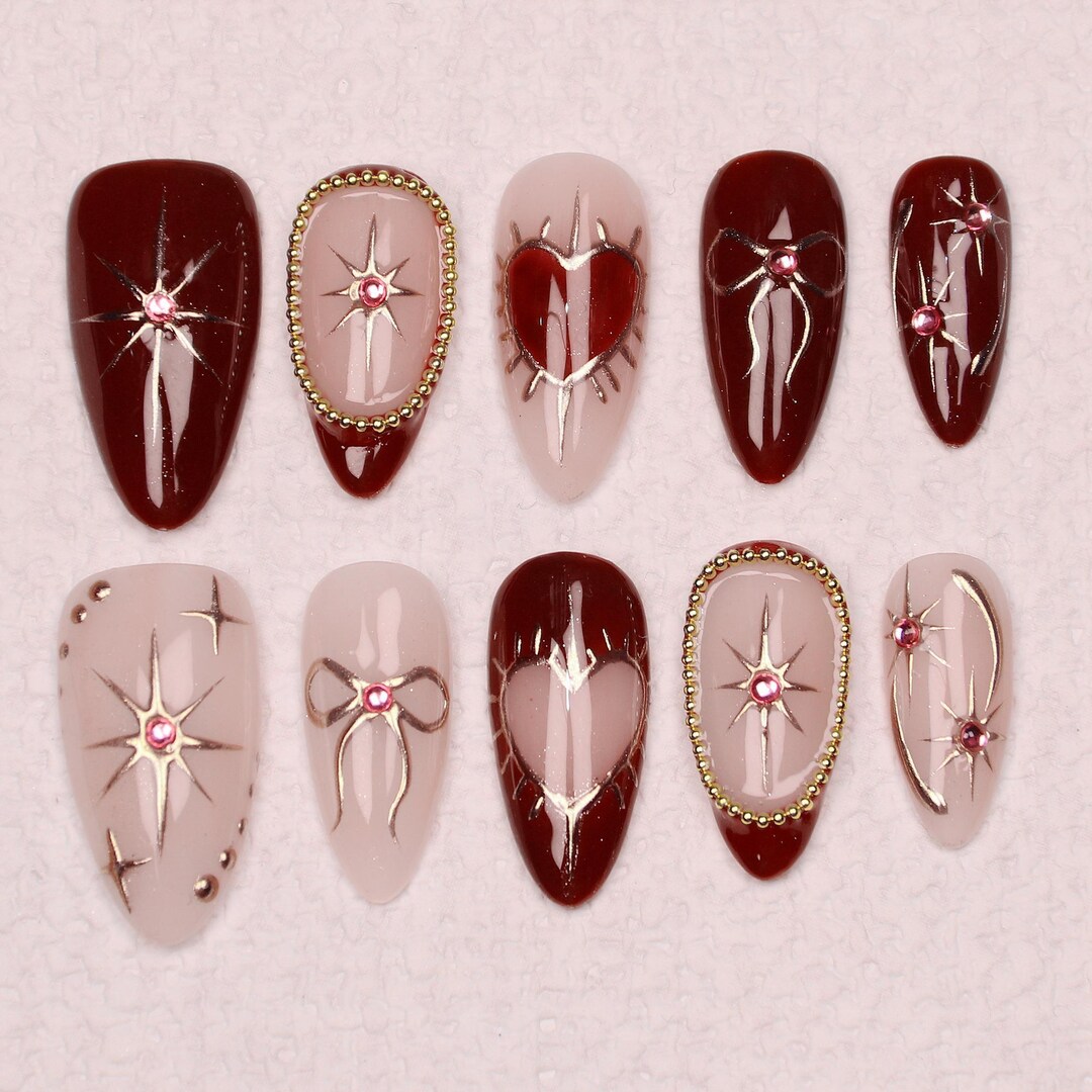 Love and Glam Stylish Y2K Acrylic Nails,custom Hand Painted Bow Red ...