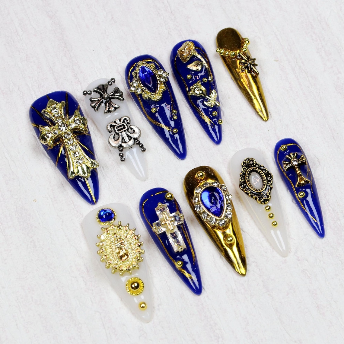 Blue and Chrome Gold Long Stiletto Press on Nails,luxury Almond Acrylic ...