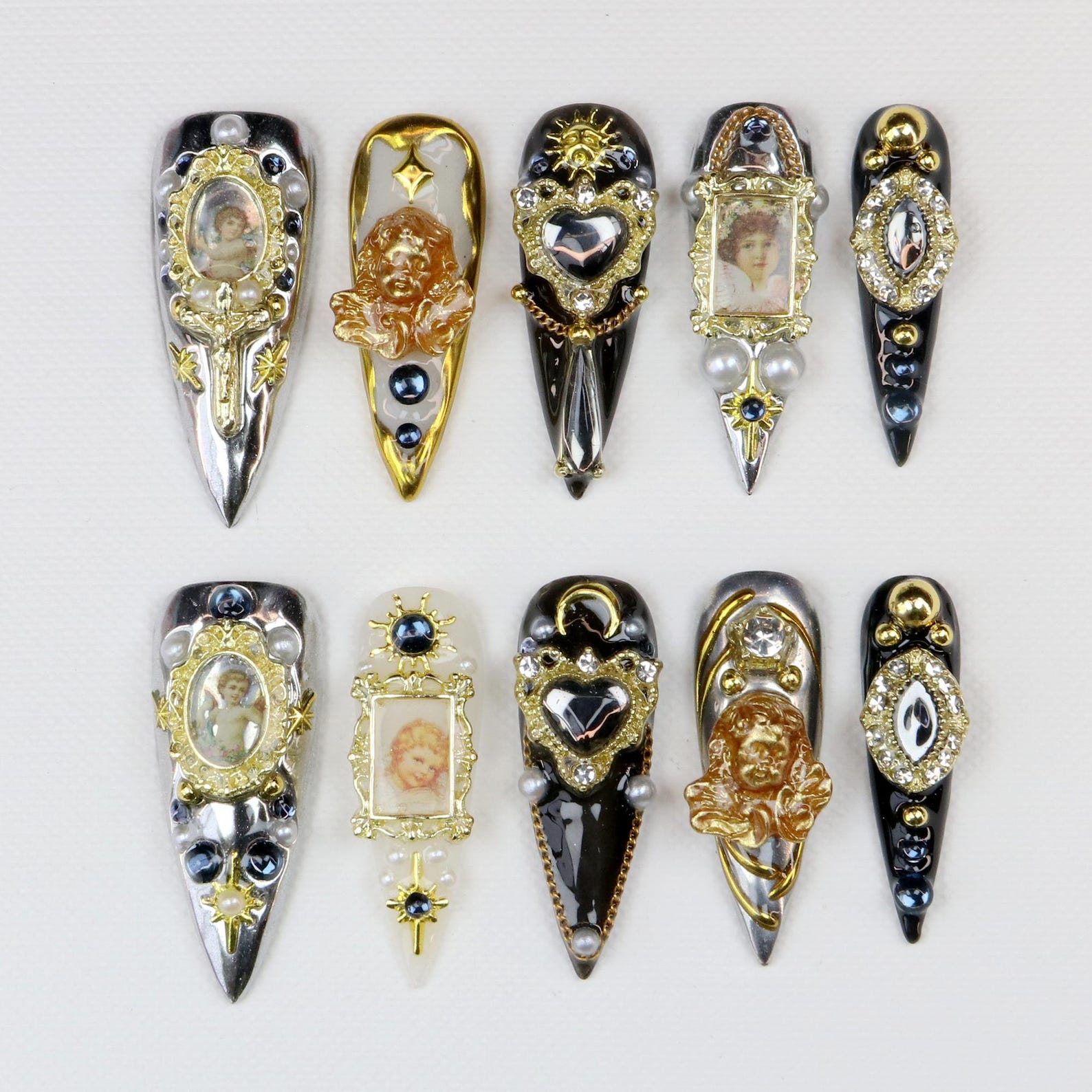 Regal Vintage Angel Stiletto Press on Nails/3d Chrome Gold,black ...