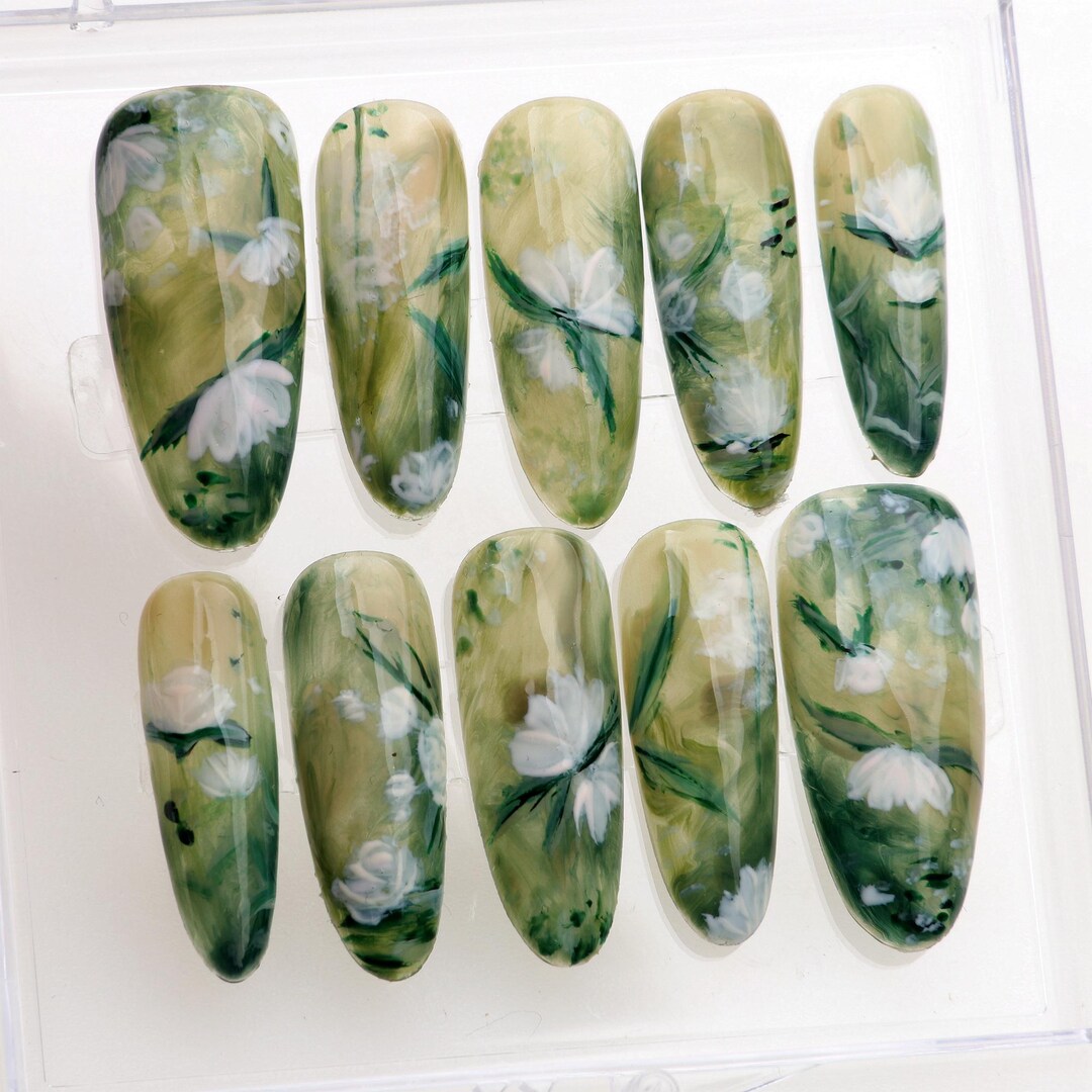 Monet Inspired Press on Nails Flower Nails,custom Hand Painted Floral ...