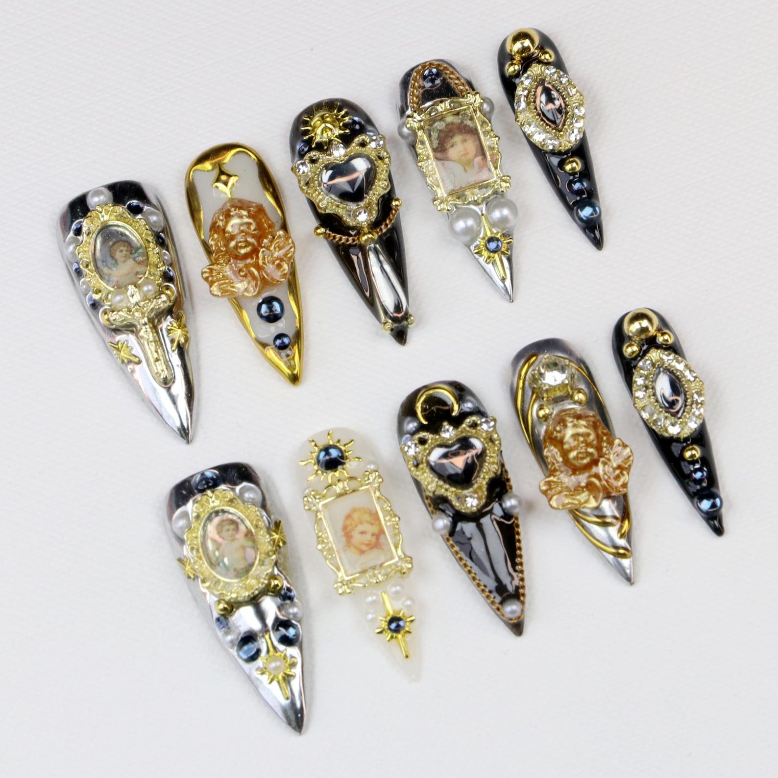 Regal Vintage Angel Stiletto Press on Nails/3d Chrome Gold,black ...
