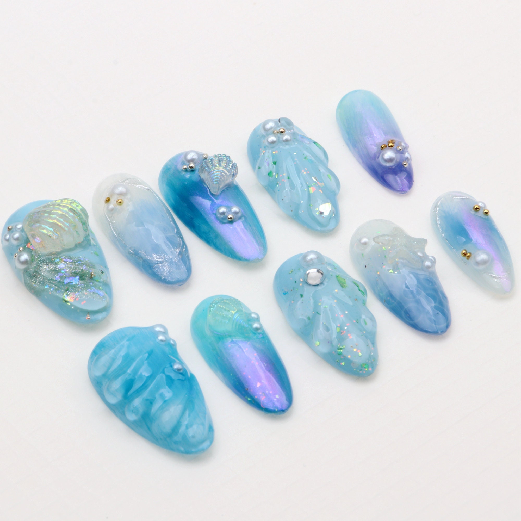 3D Sea Shell Wave Almond Press on Nails,custom Freestyle Nail Set,false ...
