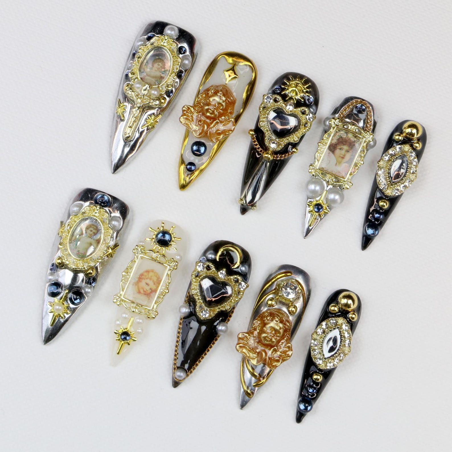 Regal Vintage Angel Stiletto Press on Nails/3d Chrome Gold,black ...