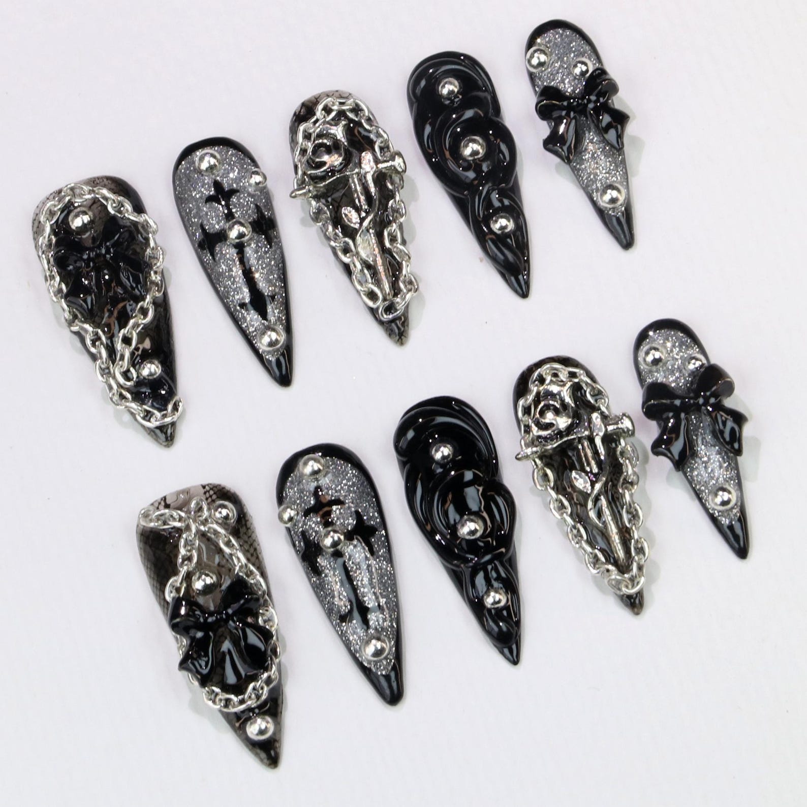 Gothic Punk Press on Nails, Black Silver Chain Rivet Nail Art, Cross ...