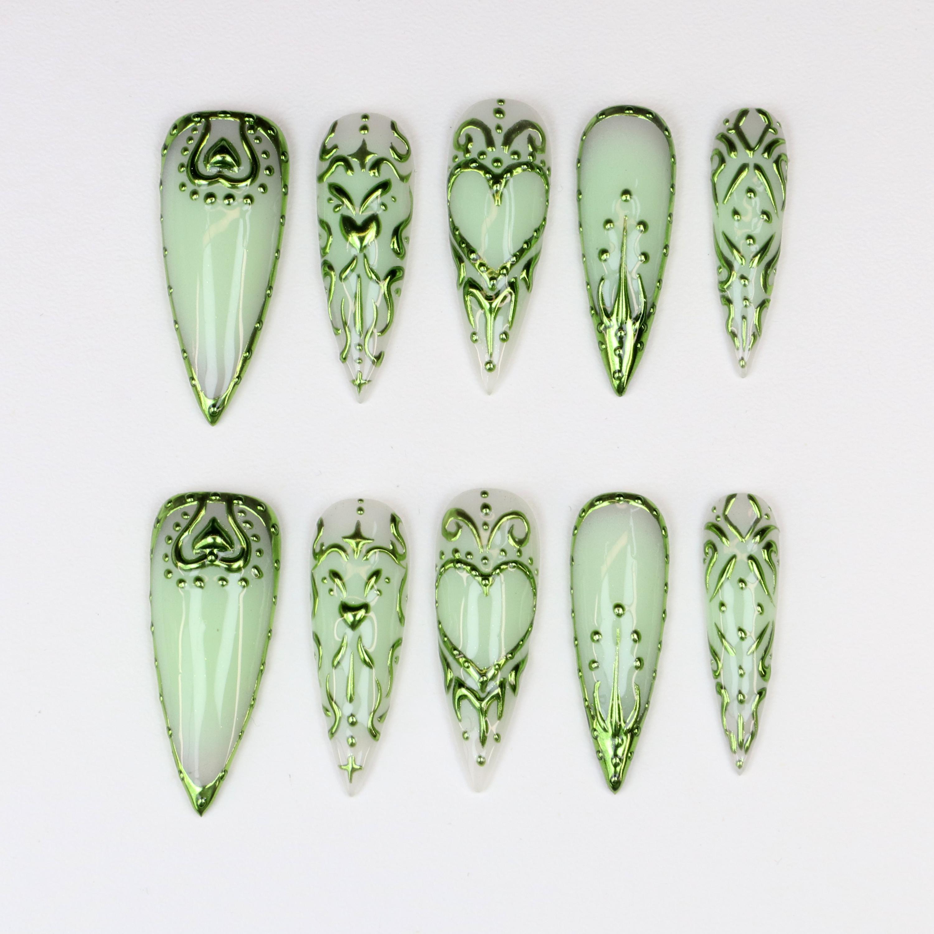 Green Gold Embossed Press on Nails, Vintage Heart Floral Design ...