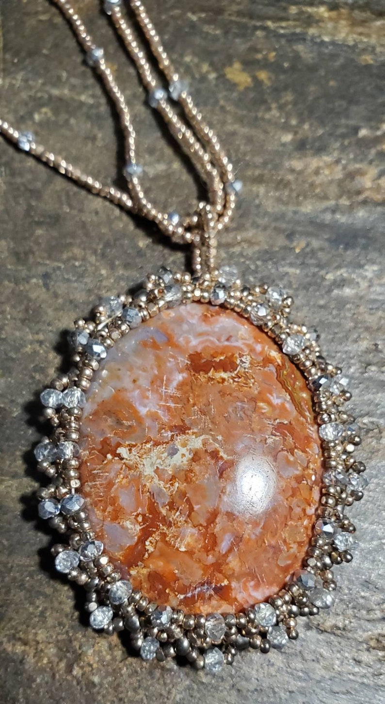 Agate Pendant With Embroidery Bead Setting on Beaded Necklace - Etsy