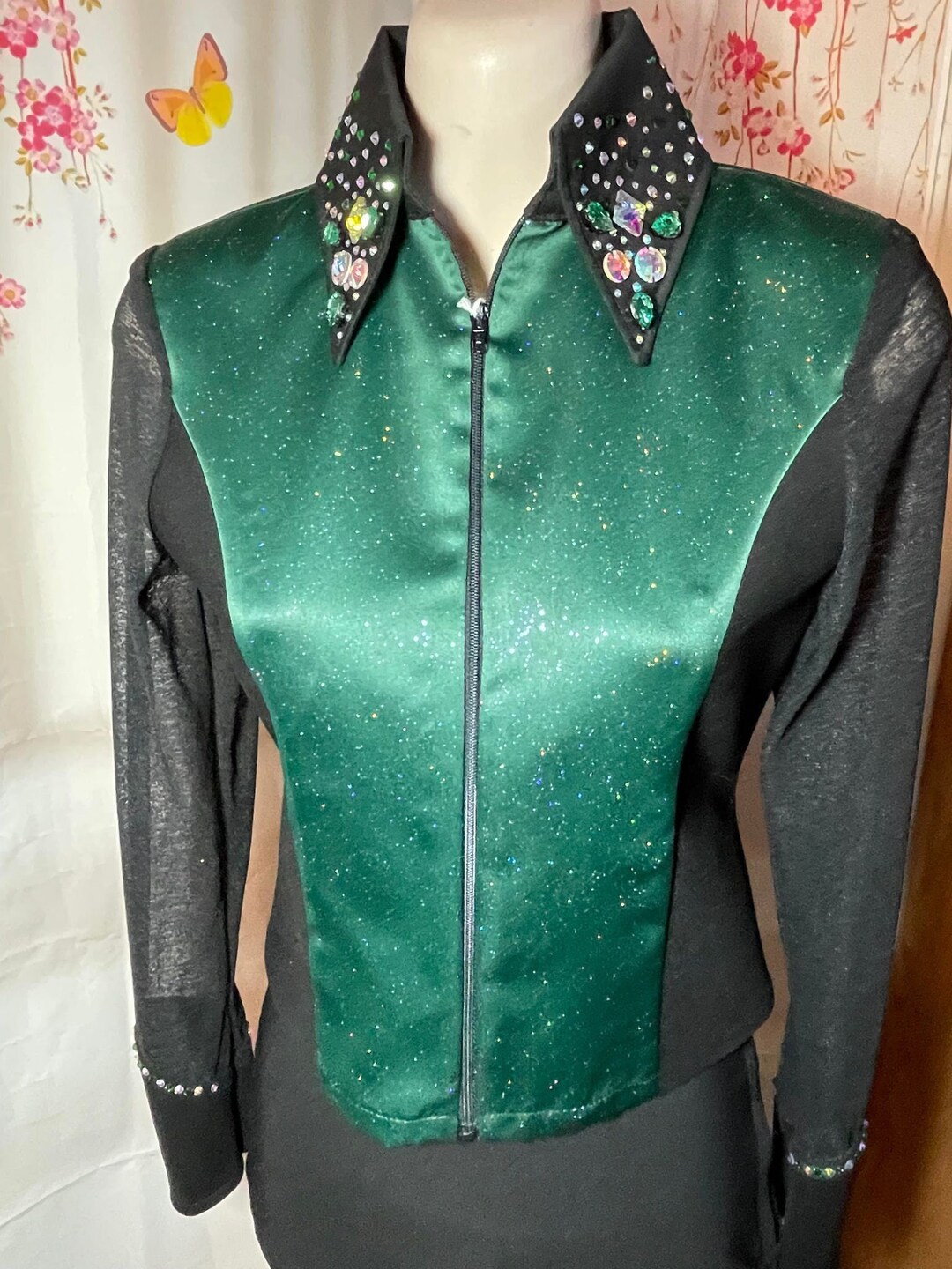 GIRLS 10 Green Sparkle Satin With Mesh Sleeves - Etsy
