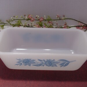 Glasbake White Milk Glass Loaf Pan With Turquoise Blue Floral Design 8 ...