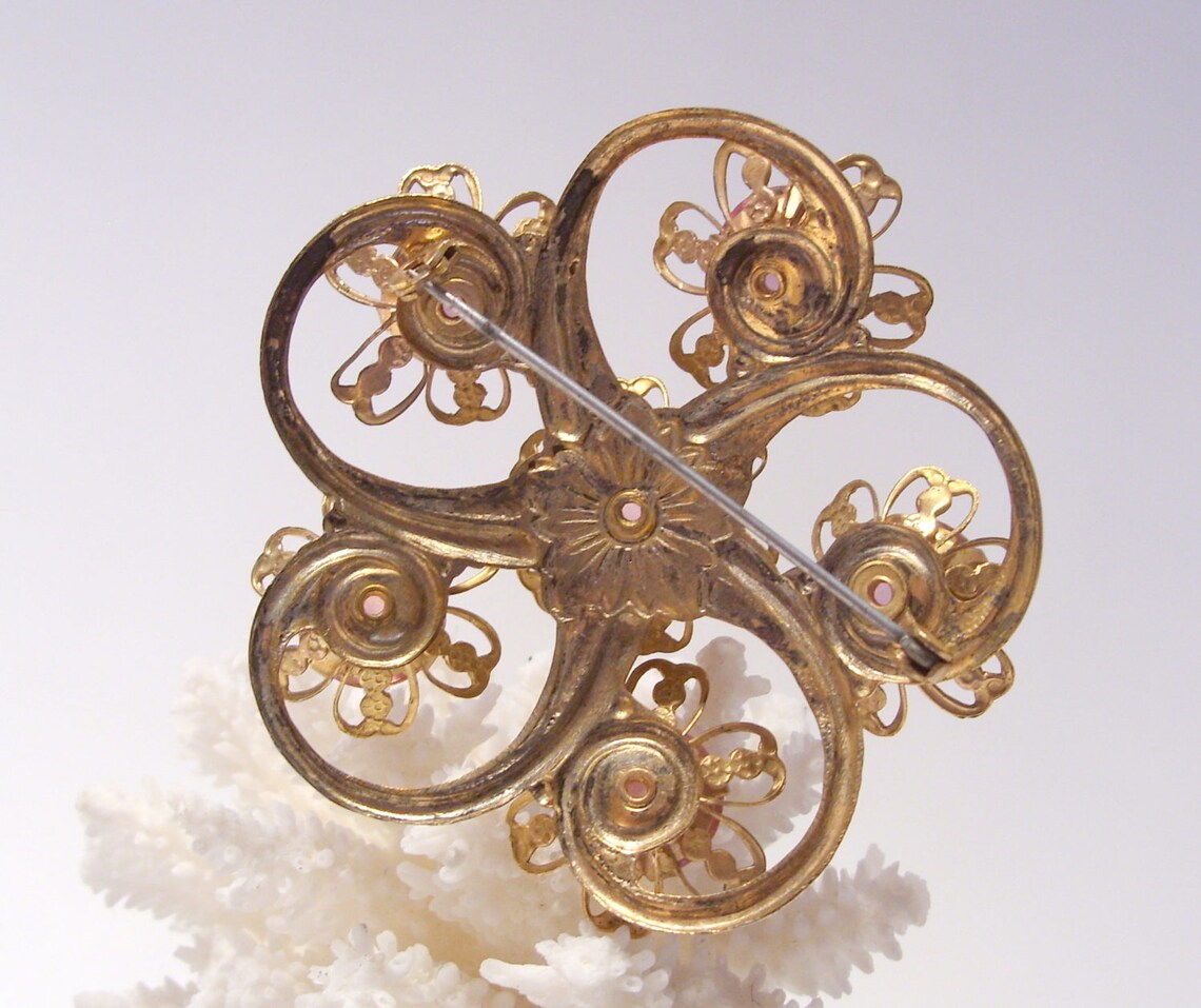 Large Pink Rhinestone Swirl Flower and Gold Tone Filigree - Etsy